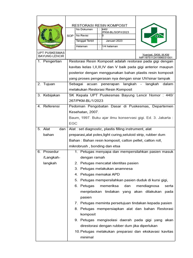 S0P Restorasi Resin Komposit | PDF | Teknologi & Rekayasa