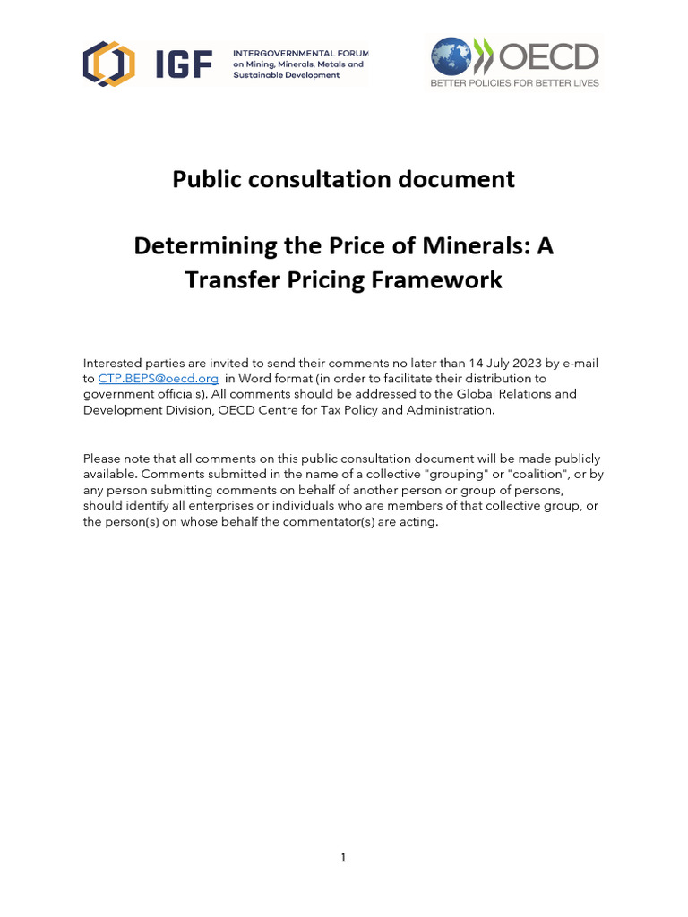 Oecd Igf Public Consultation Document Determining The Price of Minerals ... Oecd Igf Public Consultation Document Determining The Price of Minerals ...