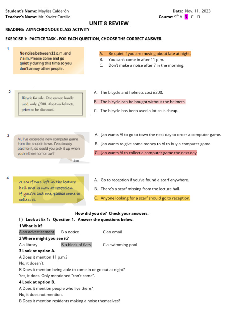 9th Grade Unit 8 Review Exercise | PDF | Human Communication