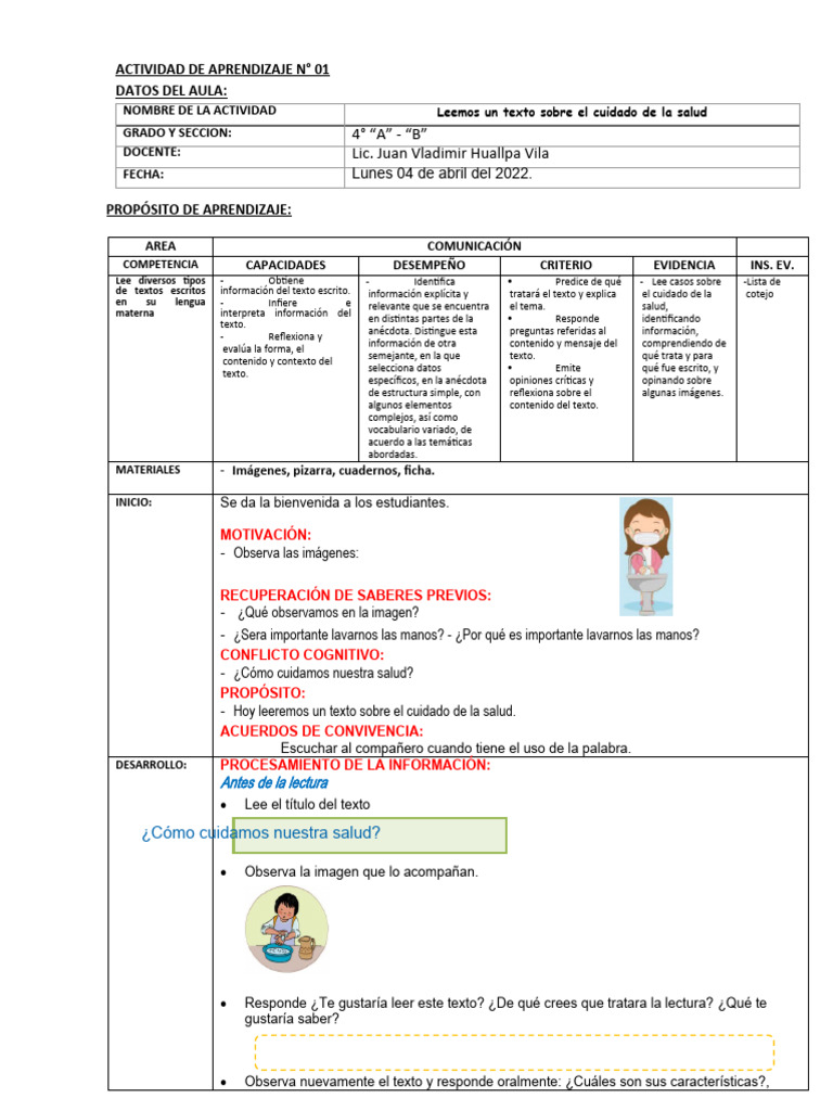 SESION DE APRENDIZAJE N 01 4B Leemos Sobre El Cuidado de La Salud | PDF ...