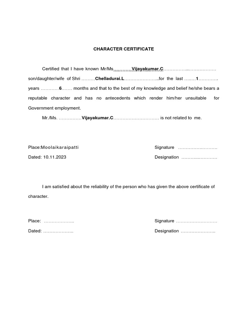 Character Certificate Template 551 | PDF