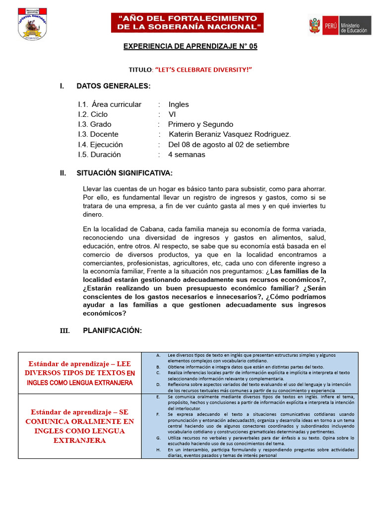 Experiencia de Aprendizaje N°05 | PDF | Aprendizaje | Léxico