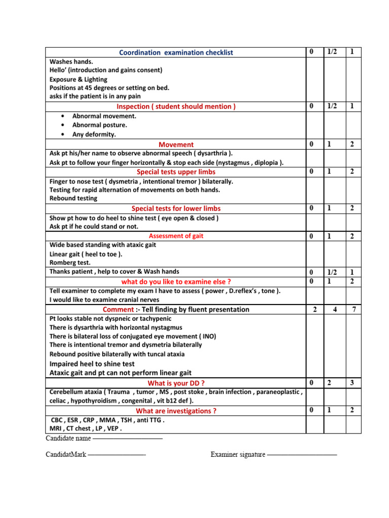 Cerebellum Exam Chicklist | PDF | Neuroscience | Neurology