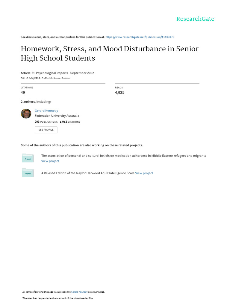 Homework Stressand Mood Disturbancein Senior High School Students | PDF