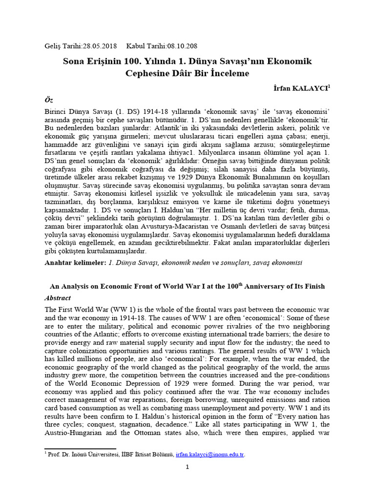 Sona Eri Inin 100. Y L Nda 1. D Nya Sava N N Ekonomik Cephesine D Ir Bir Nceleme (#612007 ...
