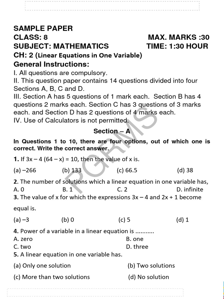 Class 8 Maths Sample Paper | PDF | Equations | Numbers Class 8 Maths Sample Paper | PDF | Equations | Numbers