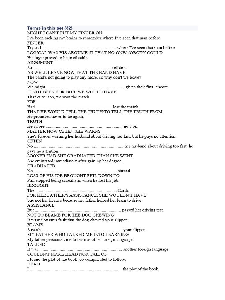 Key Word Transformations Worksheet 1 | PDF