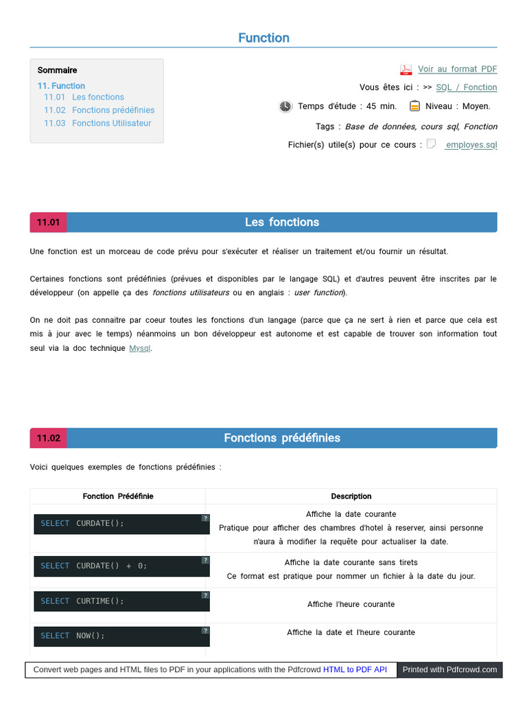 WWW Eprojet FR Cours SQL 11 SQL Function | PDF | SQL | Internet