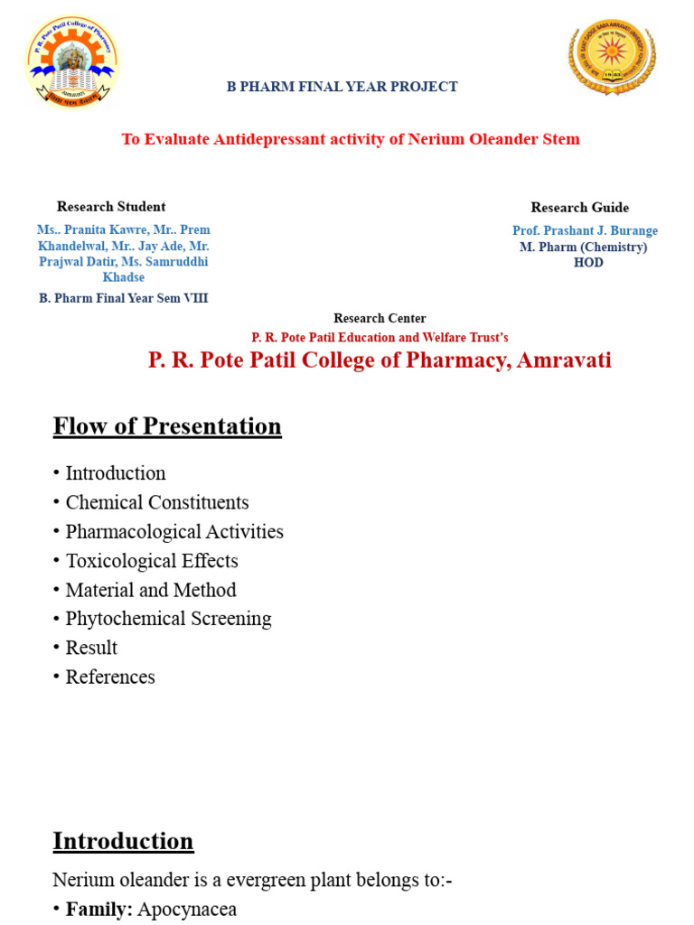 Antidepressant Potential of Nerium Oleander | PDF | Chemistry | Medical ...