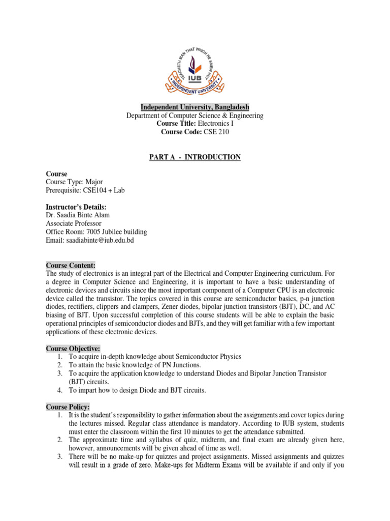 Course Outline Cse 210 Summer 2023 Pdf Bipolar Junction Transistor Rectifier