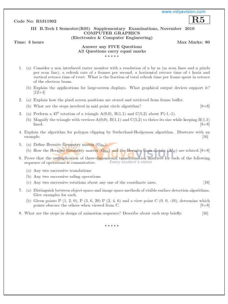 Computer Graphics Exam Questions R05 | PDF | Matrix (Mathematics ...