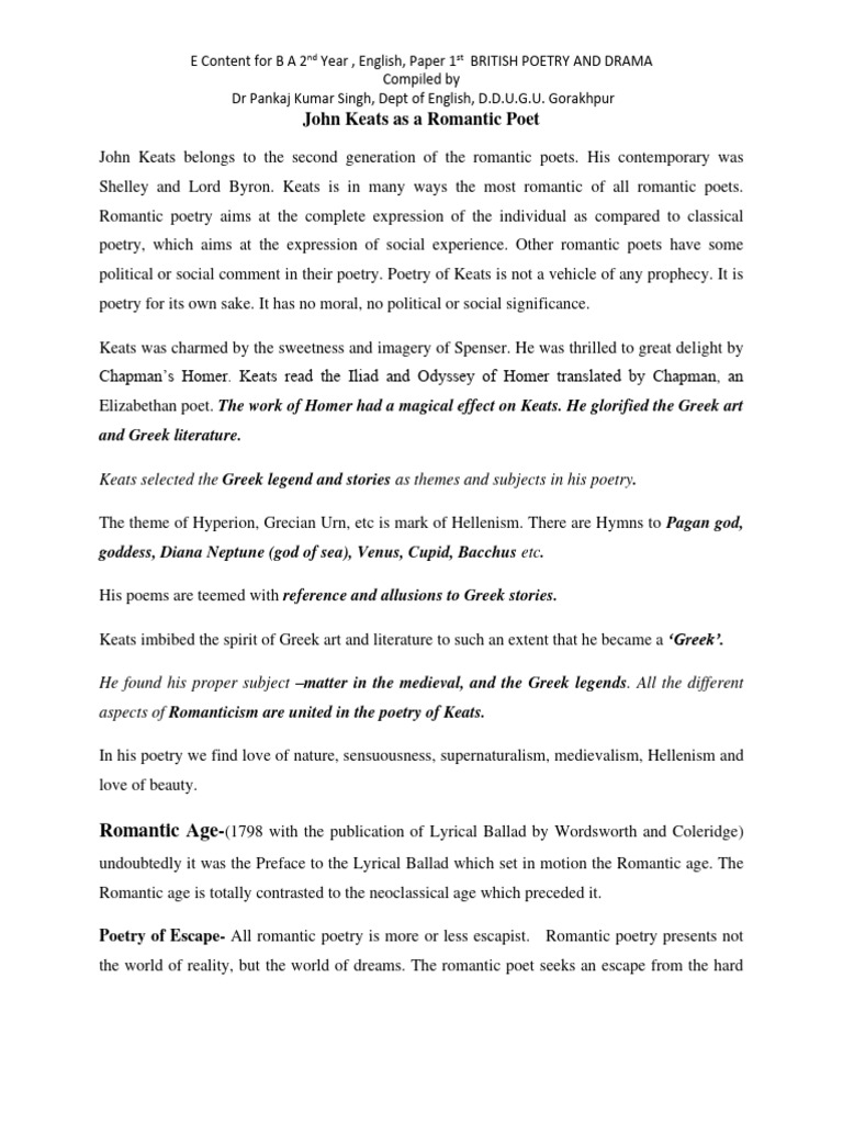 John Keats As Romantic Poet | PDF | Romanticism | Poetry