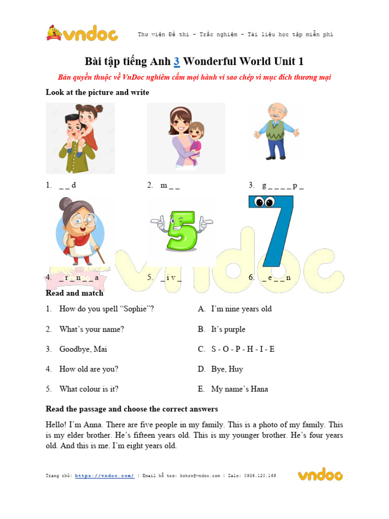 Bai Tap Tieng Anh 3 Wonderful World Unit 1 | PDF