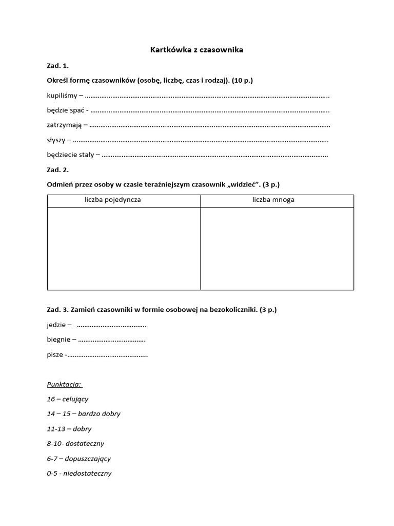 Kartkówka Z Czasownika 4kl | PDF