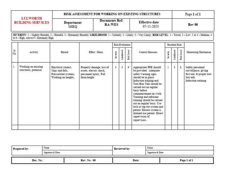 Risk Assessment For Working On Existing Structure Premises | PDF | Risk ... Risk Assessment For Working On Existing Structure Premises | PDF | Risk ...