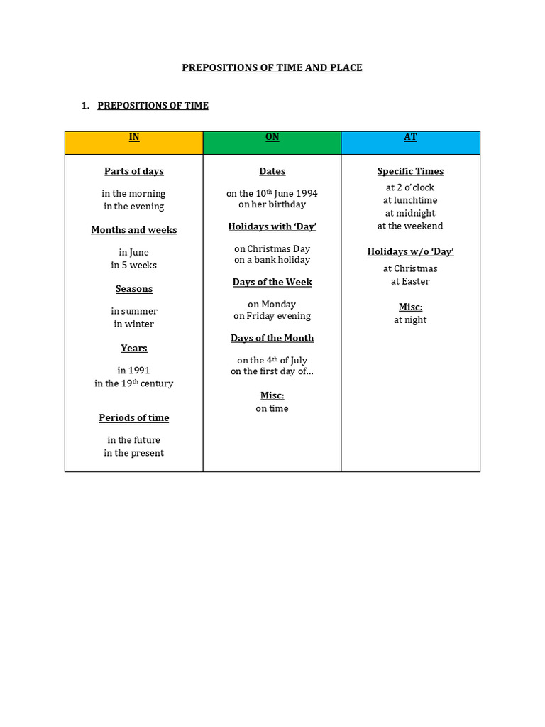 Prepositions of Time and Place | PDF | Observances | Festival