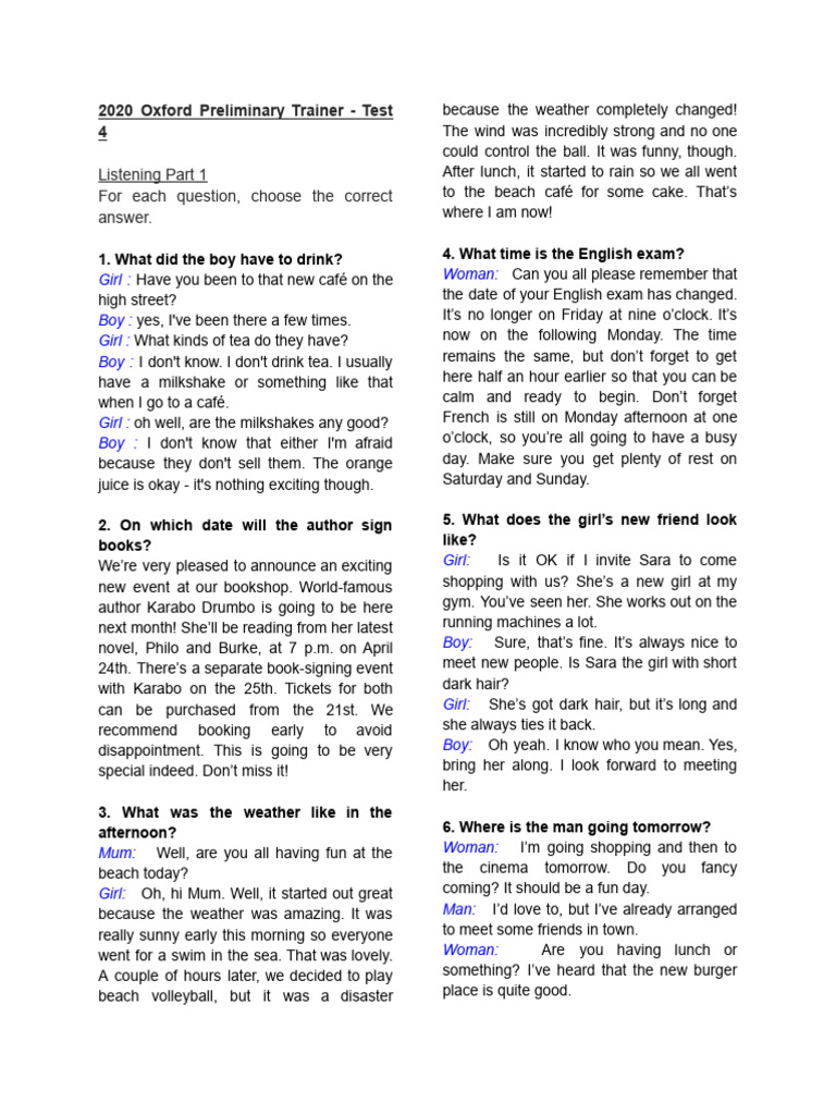 Transcript - 2020 Oxford Preliminary Trainer - Test 4 | PDF