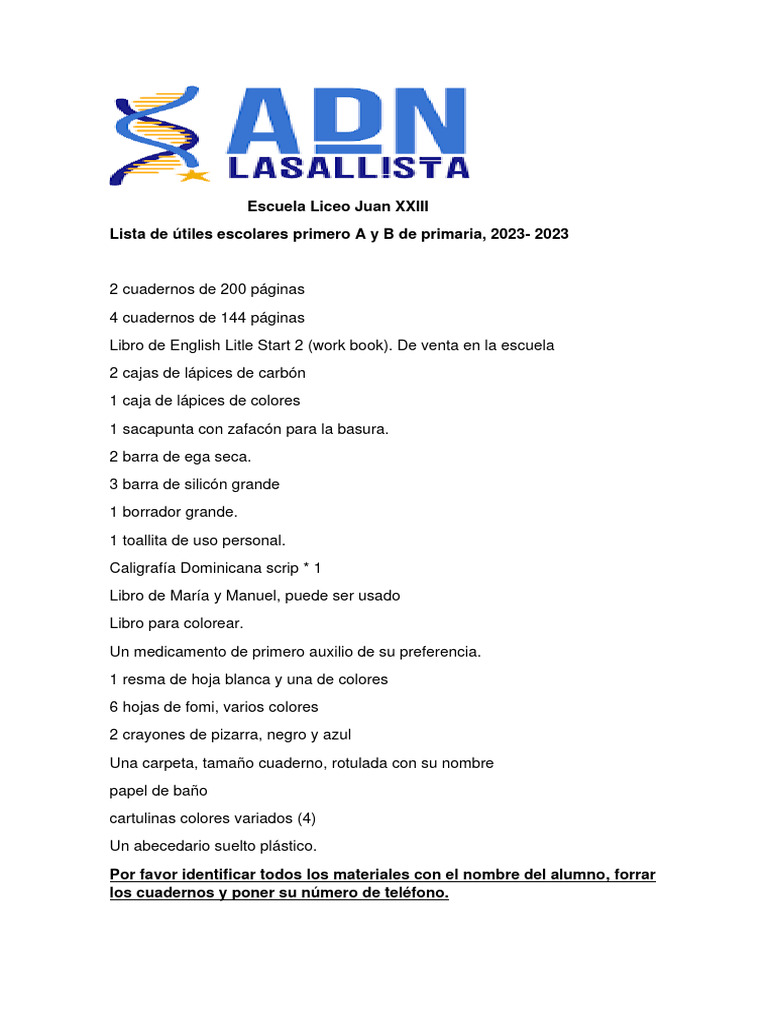 Lista de Utiles Escolares 1RO A y B de Primatia 2023 - 2024. | PDF