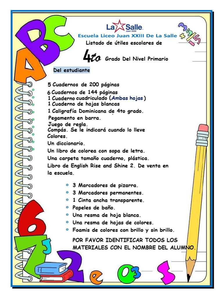 Útiles Escolares de 4to de Primaria | PDF