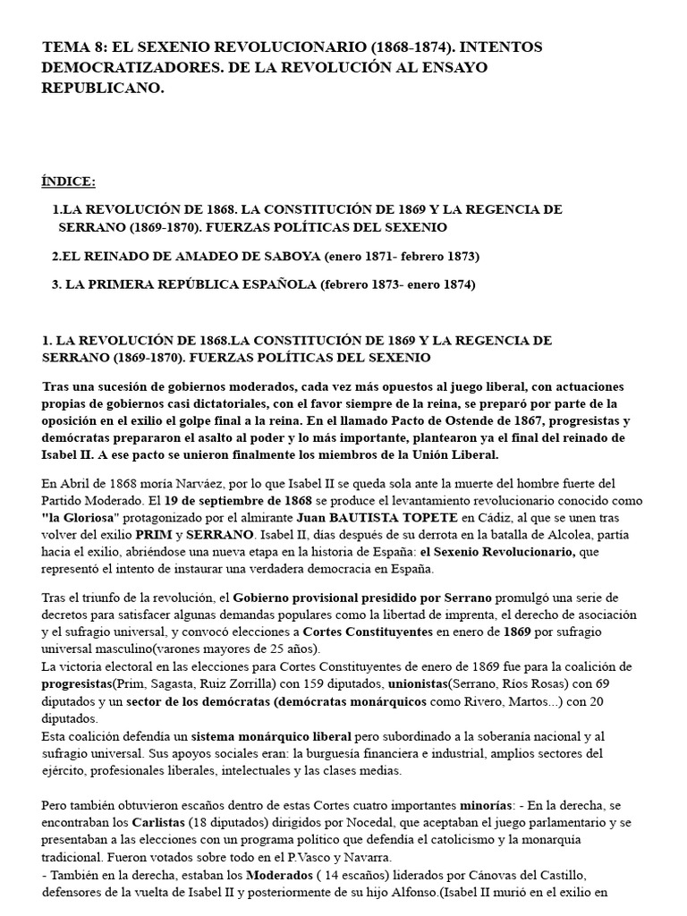 Tema 8. El Sexenio Democrático | PDF | Gobierno | España