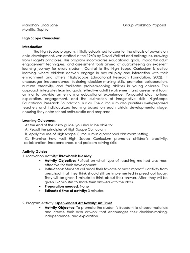 Manahan E.J. Montilla S. Group Workshop Proposal | PDF | Curriculum | Preschool