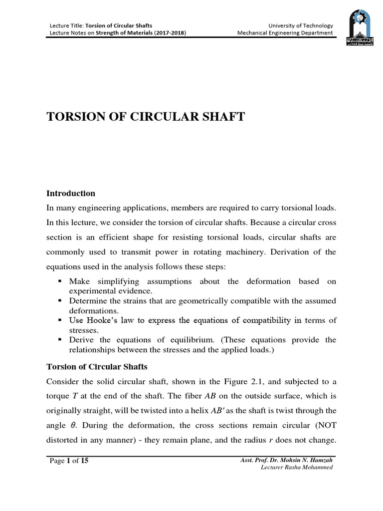 Torsion of Circular Shaft | PDF | Stress (Mechanics) | Strength Of ...
