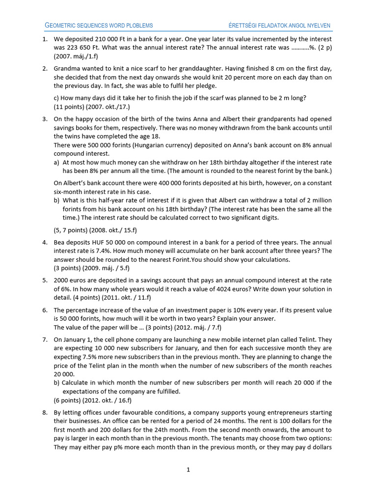 Geometric Sequences Word Problems | PDF | Interest | Interest Rates