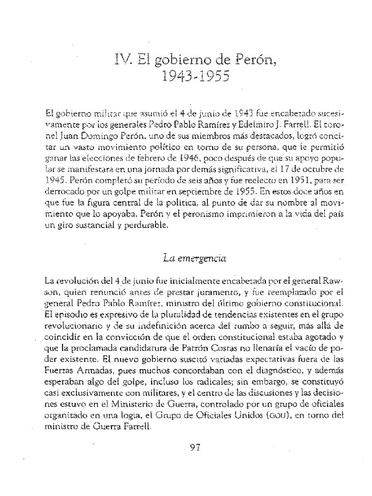 El Gobierno de Perón 1943-1955. Luis Alberto Romero 1 | PDF