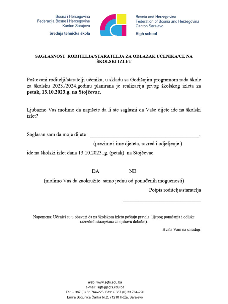 Saglasnost Roditelja Za Školski Izlet | PDF