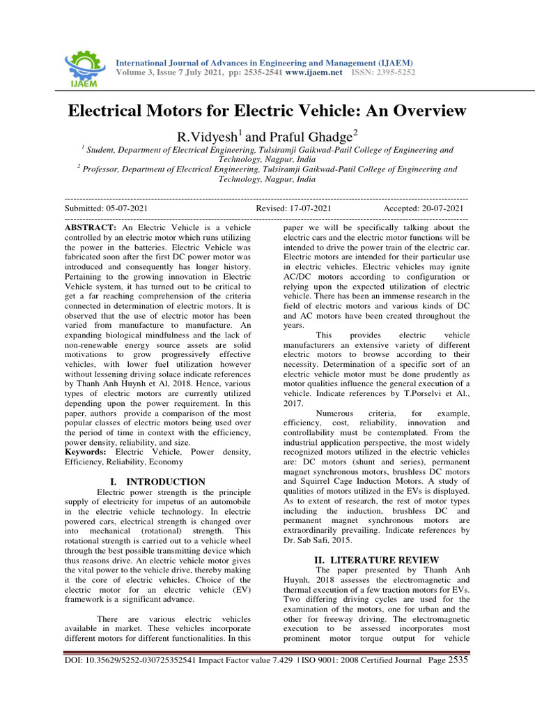 Electrical Motors For Electric Vehicle An Overview | PDF | Electric ...