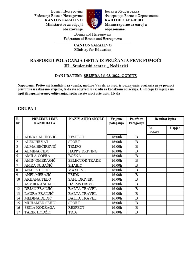 Raspored PP 16 03 2022 Ju Studentski Centar Nedzarici | PDF