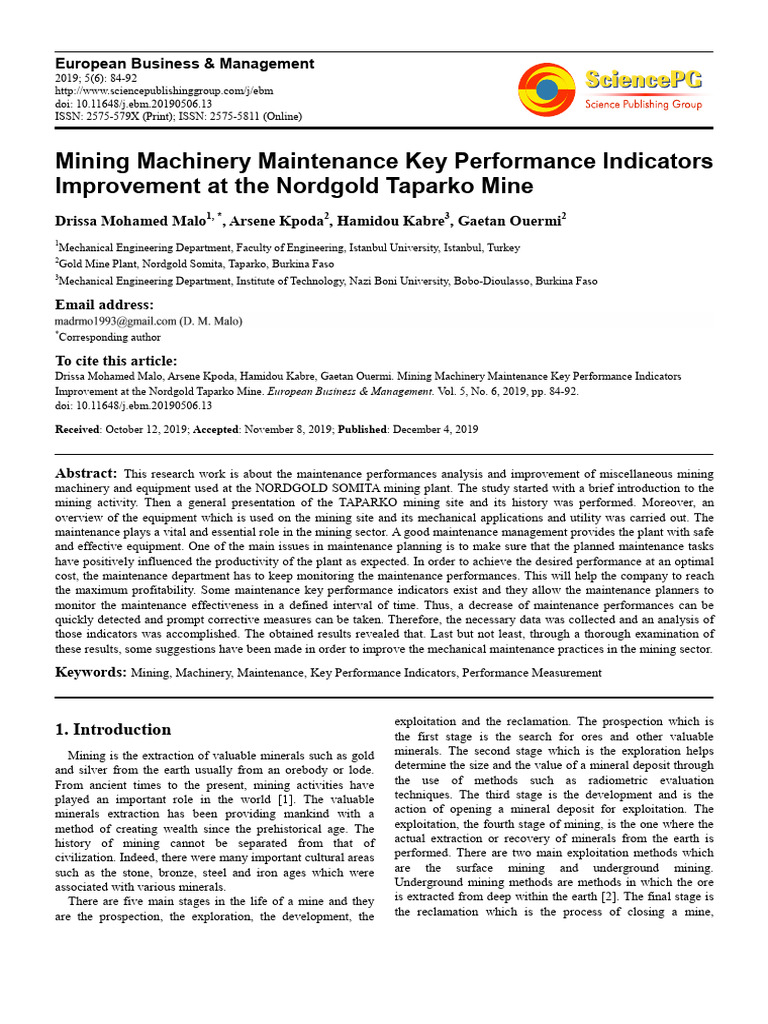 3 Mining Machinery Maintenance Key Performance Indicators | PDF | Mining | Secondary Sector Of ...