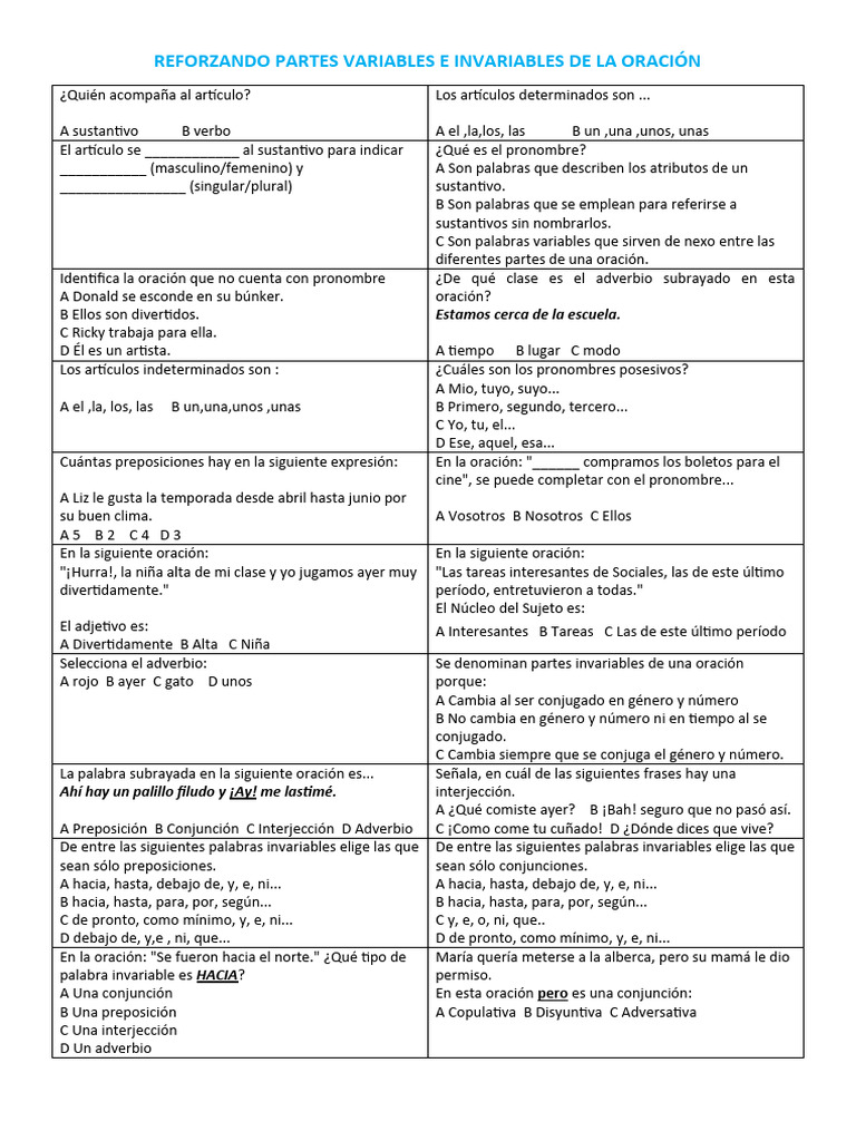 REFORZANDO PARTES VARIABLES E INVARIABLES DE LA ORACIon | PDF ...