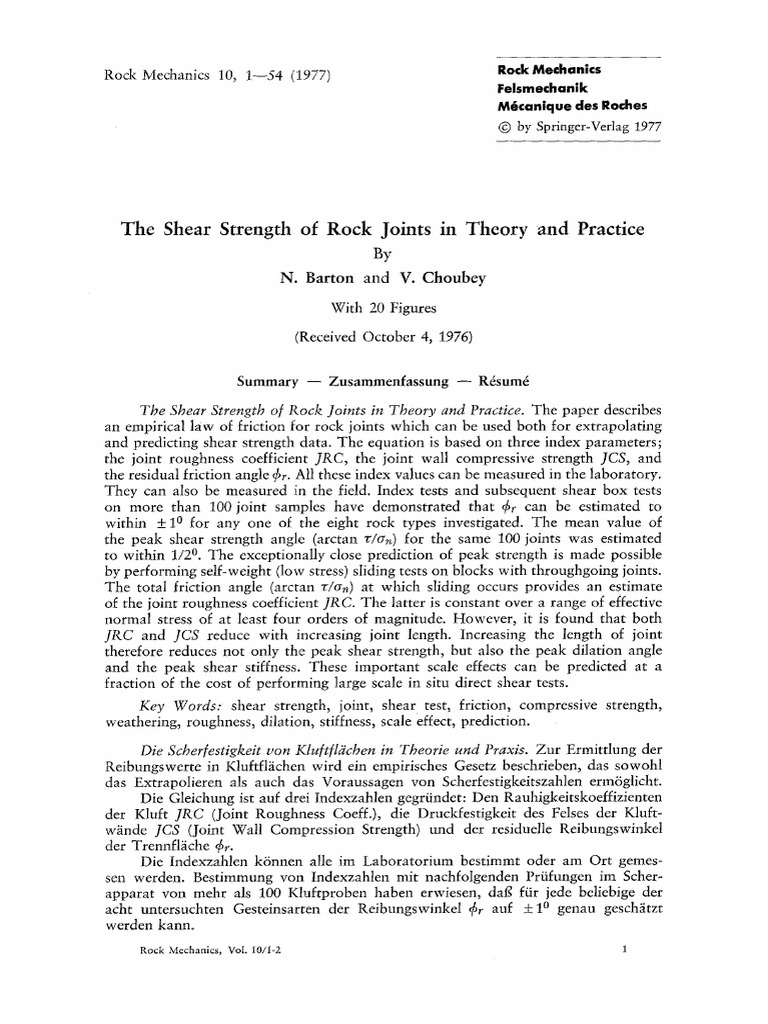 The Shear Strength of Rock Joints in Theory and Practice - Barton 1977 ...