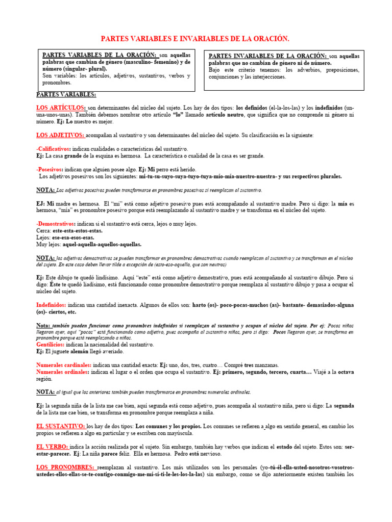 Partes Variables e Invariables de La Oracion | PDF | Adjetivo | Sustantivo