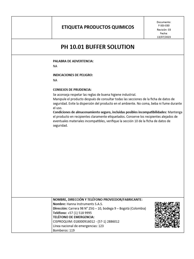 Solución Buffer PH 10.01: Manejo Seguro | PDF | Negocios | Finanzas y dinero