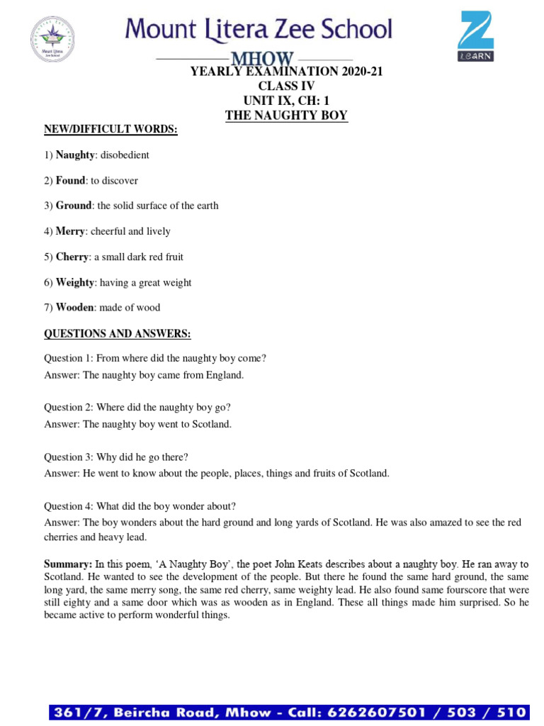Yearly Examination 2020-21 Class Iv Unit Ix, CH: 1 The Naughty Boy | PDF