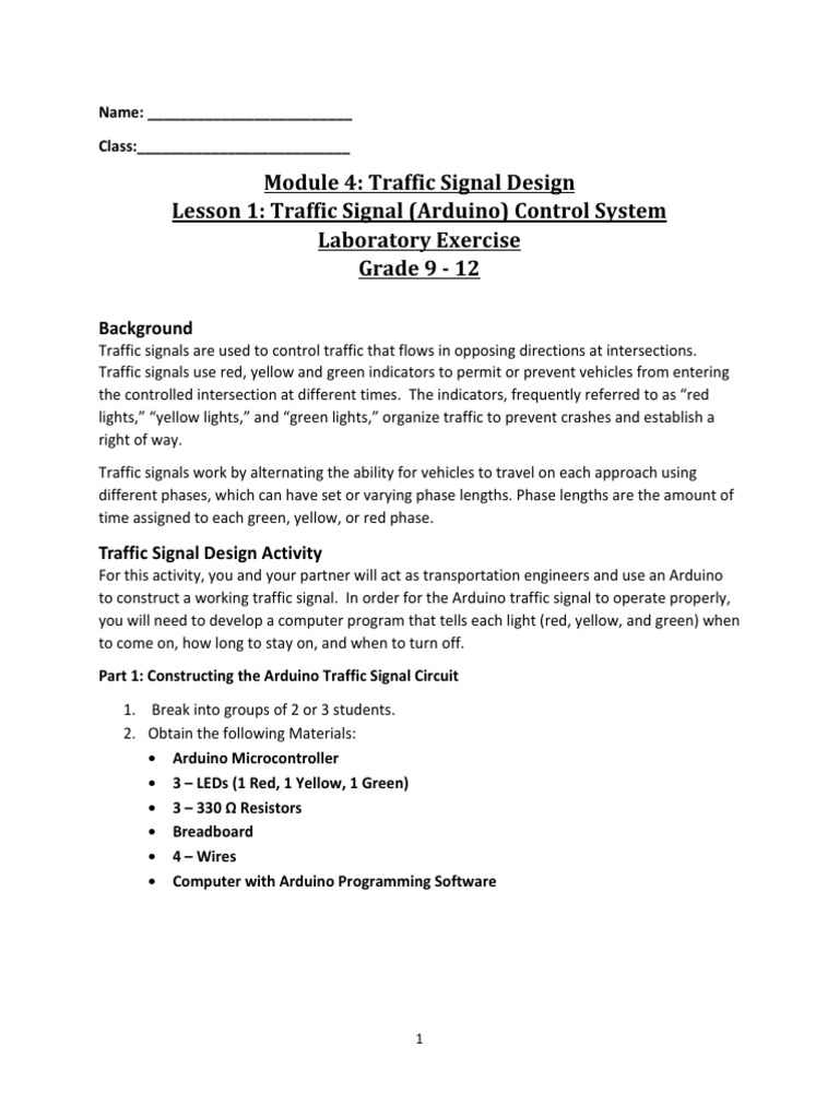 Module 4 Lesson 1 Traffic Signal Design Arduino Lab Hs Pdf Arduino