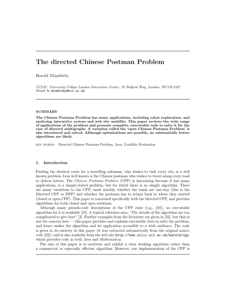 The Directed Chinese Postman Problem: Harold Thimbleby | PDF | Vertex (Graph Theory) | Combinatorics