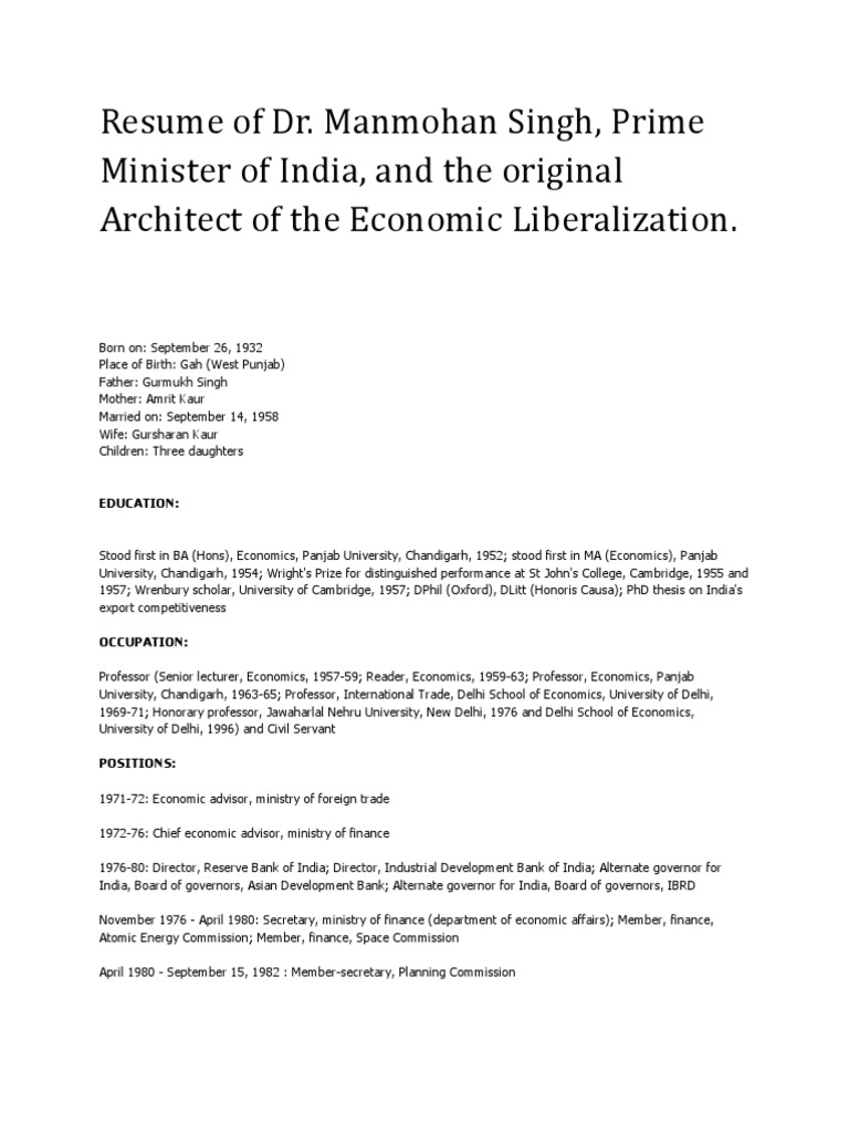 Resume of Dr. Manmohan Singh (Prime Minister of India) | PDF | Government