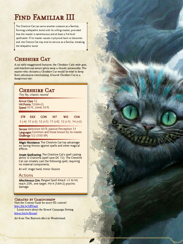Cheshire Cat Familiar in D&D 5E | PDF
