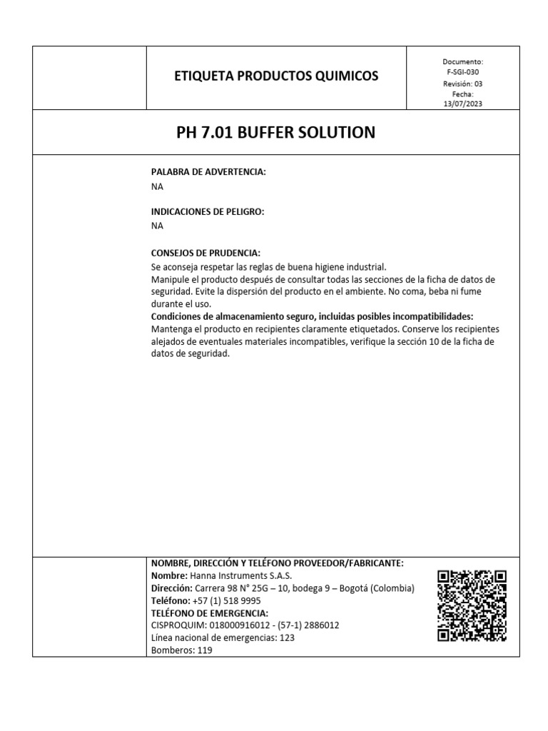 PH 7.01 Buffer Solution - Hanna | PDF | Negocios | Tecnología