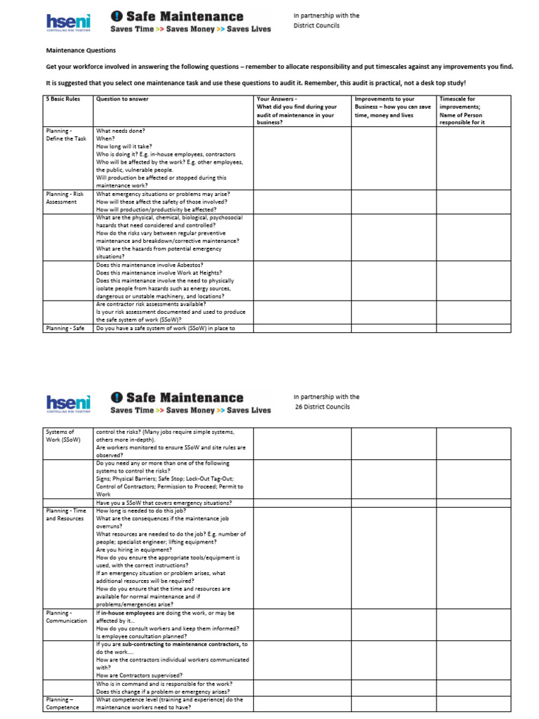 Safe Maintenance Checklist | PDF | Occupational Safety And Health ...