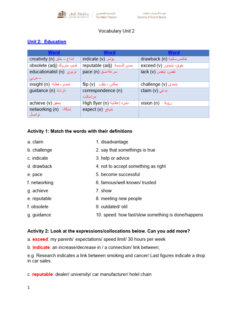 Vocabulary Unit 2 Practice Material | PDF | Cognition