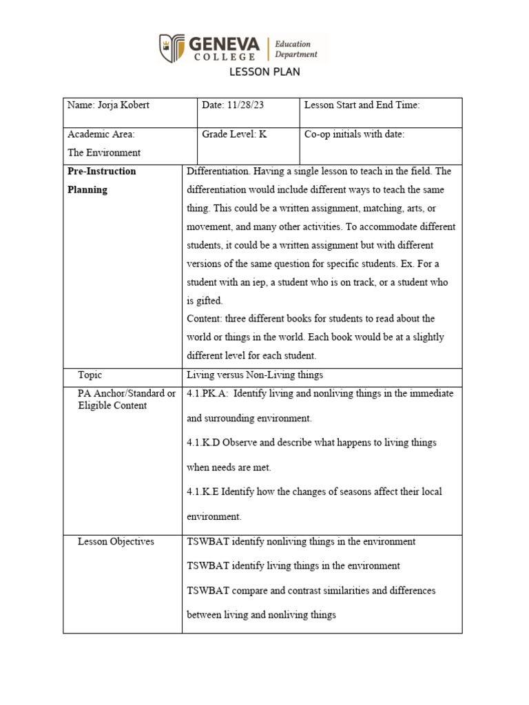 K Lesson Plan: Living vs. Non-Living | PDF | Learning | Human Communication