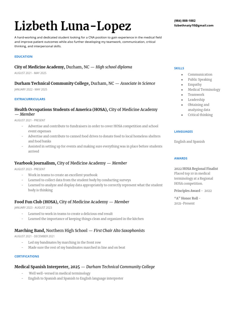 hs2 Cna Resume - Lizbeth Luna-Lopez | PDF | Health Care