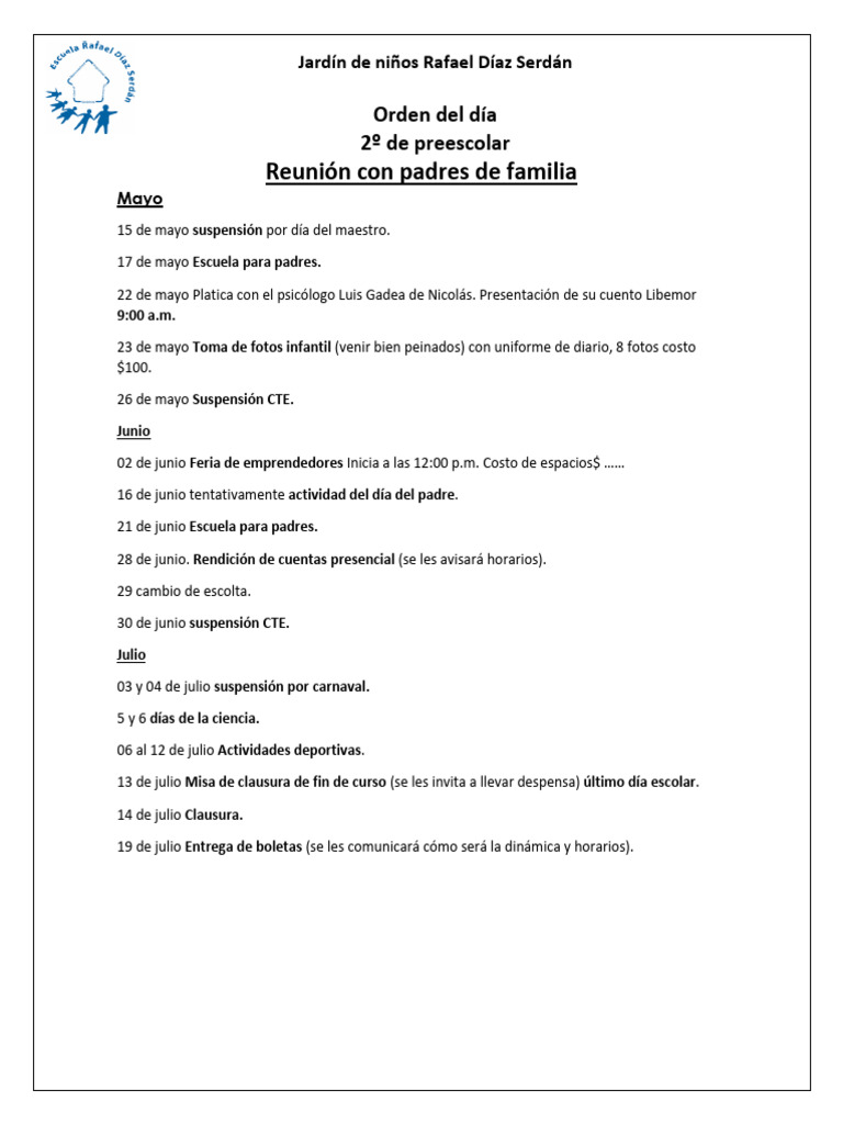 Orden Del Día-Reunion Con Papás | PDF