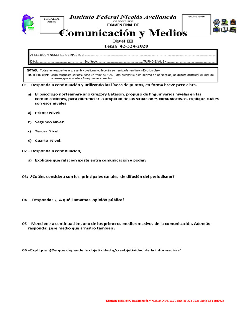 Prueba de Comunicación y Medios-Nivel III-tema 42-324 | PDF