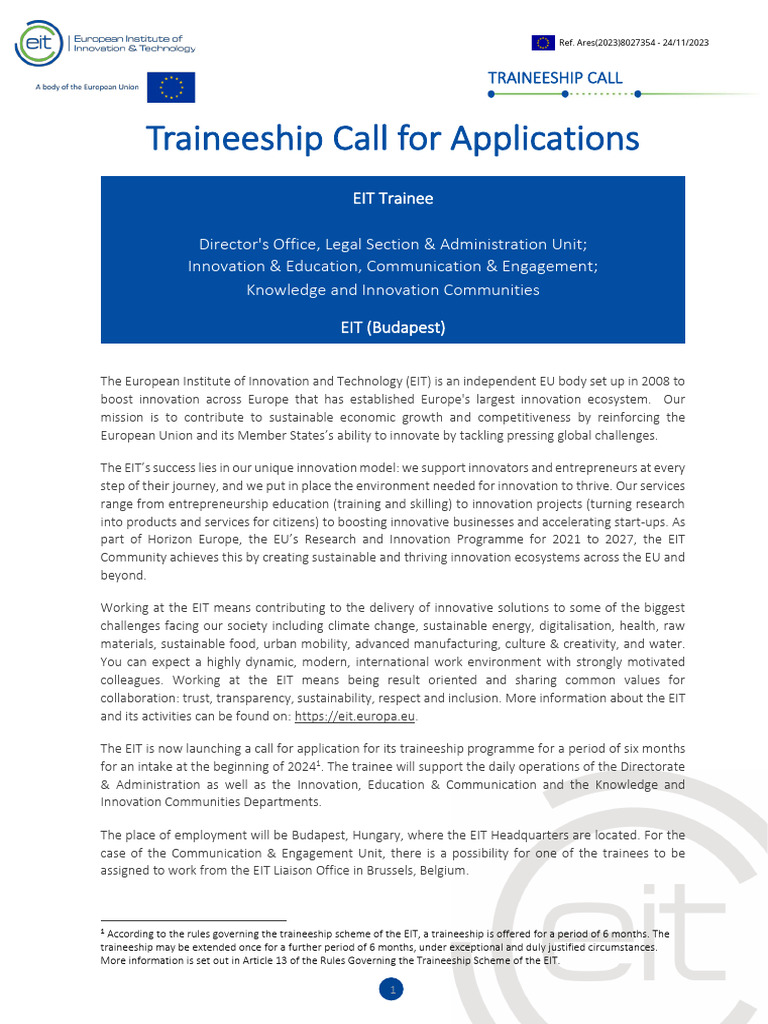 EIT Call For Applications Trainees EIT - TR .2023.18 | PDF | Business