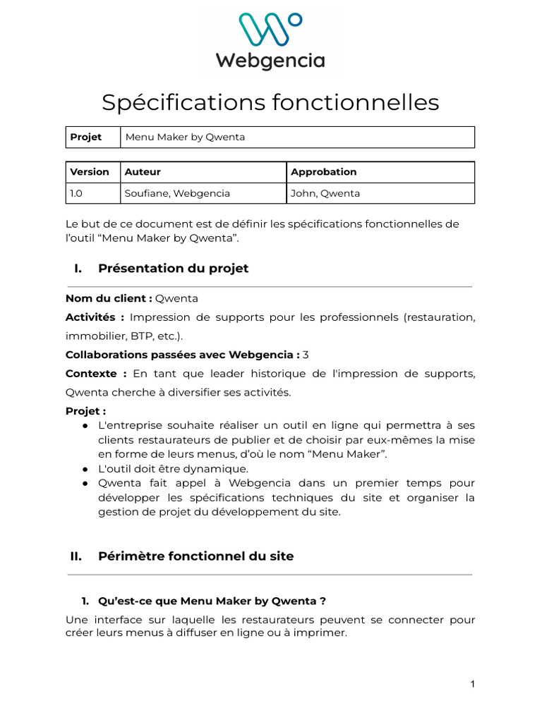 Menu Maker by Qwenta - Spécifications Fonctionnelles | PDF | Informatique | Génie logiciel